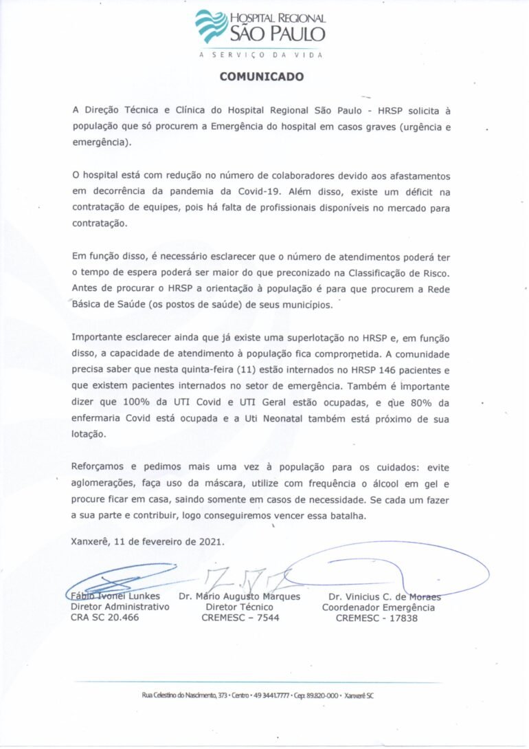 Comunicado – Hospital Regional São Paulo